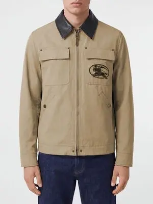 Burberry Ekd Logo Cotton Shirt Jacket With Leather Collar