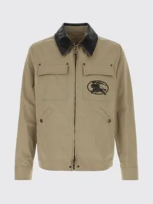 Burberry Ekd Logo Cotton Shirt Jacket With Leather Collar