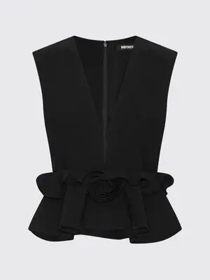ROTATE BY BIRGER CHRISTENSEN Sleeveless Evening Top With Floral Appliqué And Ruffles - Black