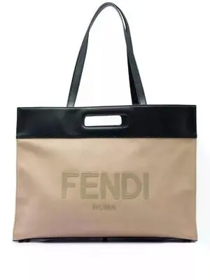 Fendi Canvas Logo Cut Out Handle Shopper Tote Satchel