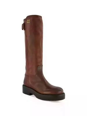Miu Miu Leather Knee High Boots With Side Buckle - Brown