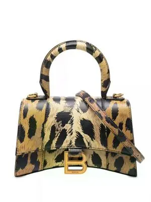 Balenciaga Calfskin Leopard Print Hourglass Top Handle Bag Xs Satchel - Brown