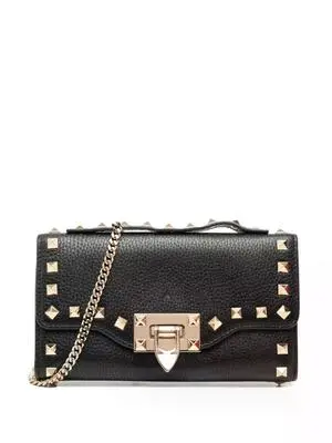 Valentino Garavani Rockstud Pebbled Calfskin Wallet On Chain Satchel - Black