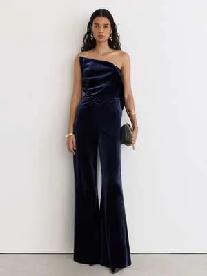 REISS Velvet Strapless Wide-leg Jumpsuit With Frill Detail - Navy