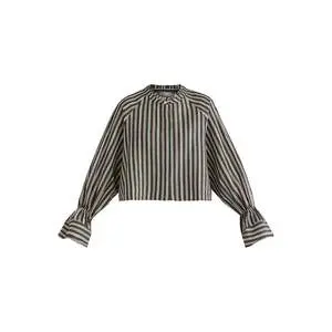 PAISIE Ruffle Round Neck Blouse With Cinch Wrist Detail In Stripes - Black