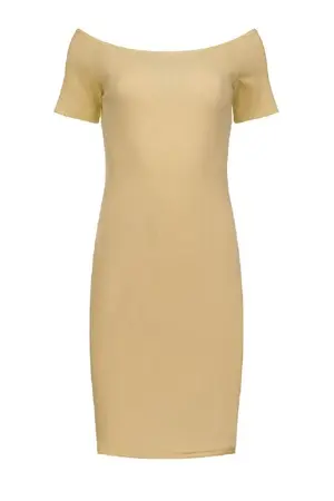 CONQUISTA Elegant Beige Off-shoulder Ribbed Midi Dress - Brown