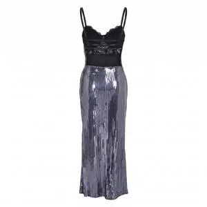 MODENAIRE Sequin Maxi Dress With Lace Bustier And Strappy Open Back - Black