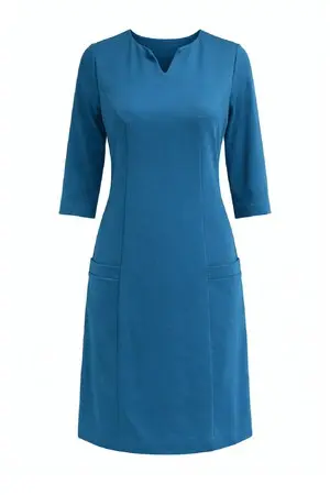 CONQUISTA Elegant Teal Shift Dress With Notched Neckline - Blue