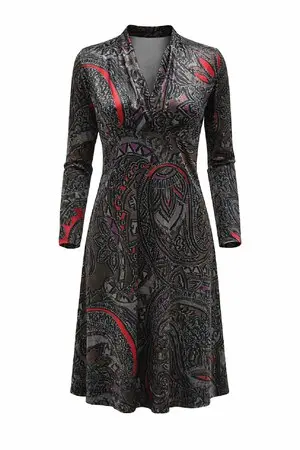 CONQUISTA Elegant Printed Wrap-style Midi Dress With Long Sleeves - Black