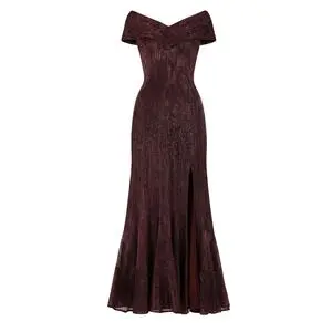 LUNA FASHION HOUSE Burgundy Off-shoulder Metallic Gown - Red
