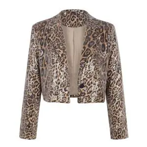 MODENAIRE Cropped Leopard Sequin Blazer - Brown