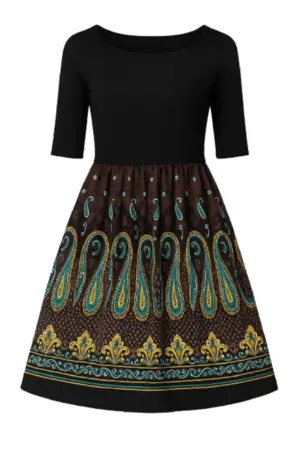 CONQUISTA Elegant Midi Dress With Paisley Print Skirt - Black