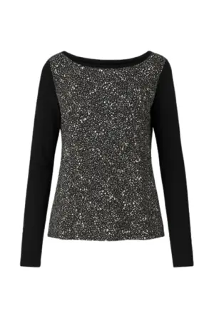 CONQUISTA Elegant Two-tone Long-sleeve Top With Textured Front Panel - Black
