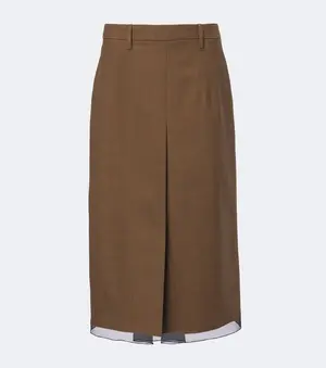 Prada Chiffon-trimmed Virgin Wool Midi Skirt - Brown