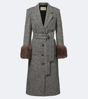 Valentino Garavani Herringbone Shearling-trimmed Wool-blend Coat - Grey