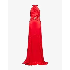 David Koma Crystal-embellished Halter-neck Satin Gown - Red/silver