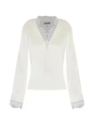 GANNI Lace Trim Satin Finish Top