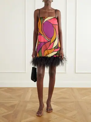 CALA DE LA CRUZ Feather-trimmed Printed Satin Mini Dress