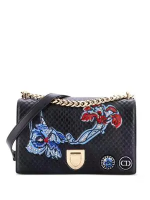 Dior Diorama Flap Bag Patch Embellished Leather Medium Shoulder Bag - Black