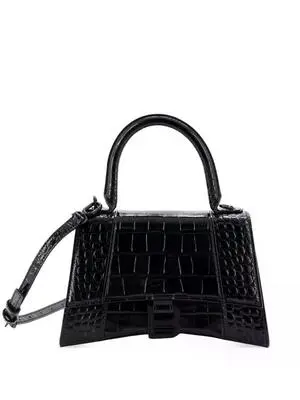 Balenciaga Hourglass Top Handle Bag In Crocodile Embossed Leather - Black