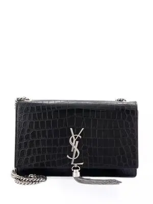 Saint Laurent Classic Monogram Tassel Crocodile Embossed Leather Medium Crossbody Bag - Black