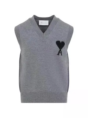 AMI Paris Black Sleeveless Wool Sweater With De Coeur