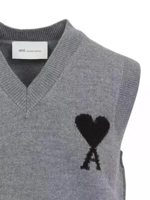 AMI Paris Black Sleeveless Wool Sweater With De Coeur