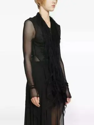 YEHUAFAN Semi-sheer Fringed Jumper With V-neck