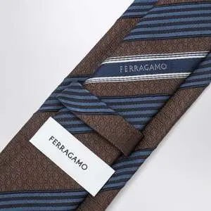 FERRAGAMO Silk Tie With Gancini Print And Diagonal Stripes