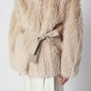 Source Unknown Faux Fur Jacket With High Collar And Belted Waist