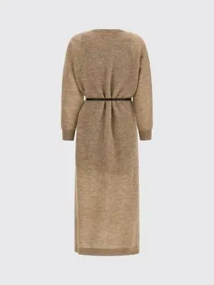 Brunello Cucinelli Mohair Blend Midi Knit Dress With Belt - Beige