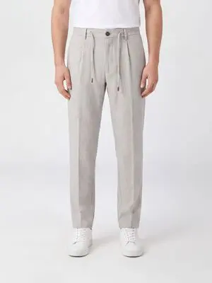 Eleventy Slim Fit Pleated Cotton Chino Pants With Drawstring Waist - Grey
