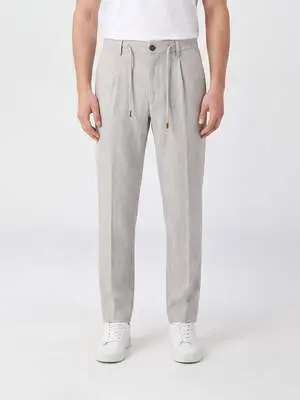 Eleventy Slim Fit Pleated Cotton Chino Pants With Drawstring Waist - Grey