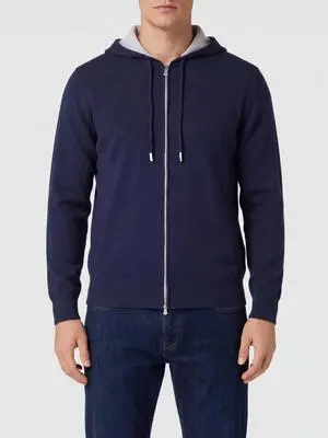 Eleventy Cashmere Hooded Zip-up Sweatshirt With Ribbed Trims - Blue