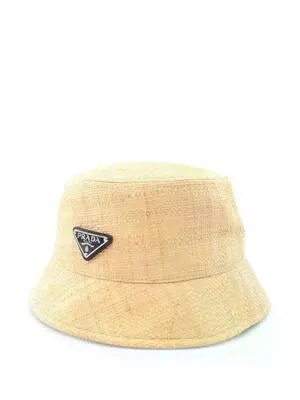 Prada Straw Bucket Hat With Enamelled Triangle Logo - Neutrals