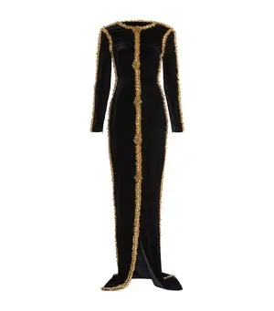 Balmain Velvet Beaded-trim Maxi Dress - Black