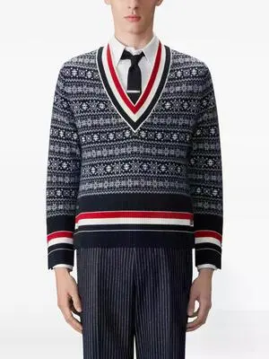 Thom Browne Snowflake Jacquard Cashmere V-neck Pullover