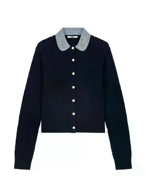 Maje Wool Cable-knit Cardigan With Embellished Collar
