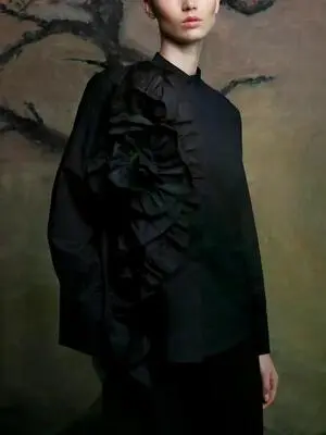 PSOPHIA Ruffle-trimmed Cotton Shirt With Mandarin Collar