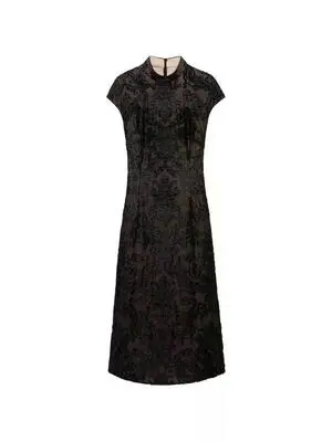 Shanghai Tang Embroidered Mandarin Collar Midi Dress