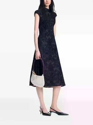 Shanghai Tang Embroidered Mandarin Collar Midi Dress