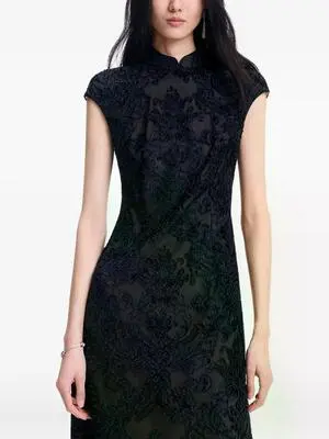 Shanghai Tang Embroidered Mandarin Collar Midi Dress