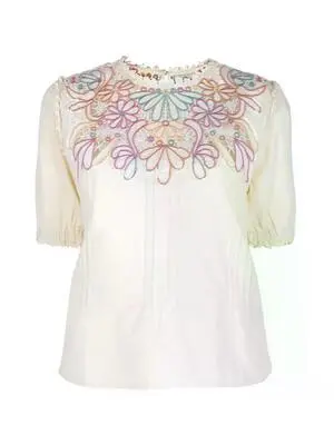 Farm Rio Embroidered Pintuck-detail Blouse