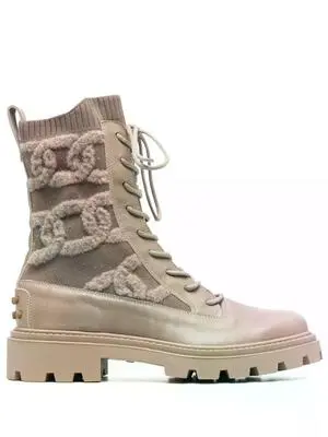 TOD'S Shearling-logo Combat Boots - Neutrals