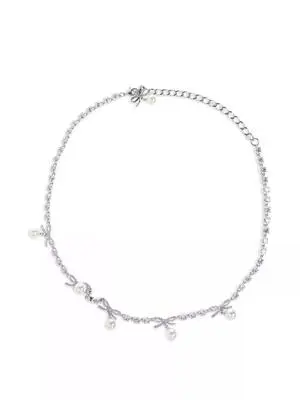 SELF-PORTRAIT Crystal Embellished Bow Necklace - Silver