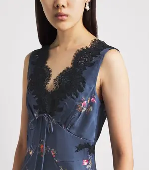 SELF-PORTRAIT Floral Lace Trimmed Satin Midi Dress
