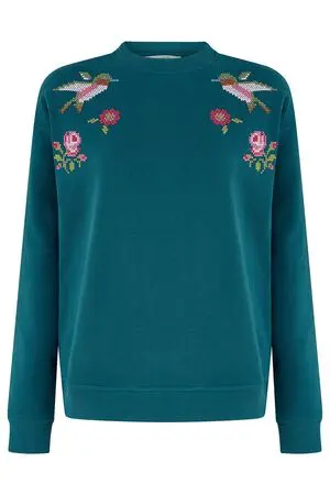 SUGARHILL BRIGHTON Teal Hummingbird Embroidered Sweatshirt