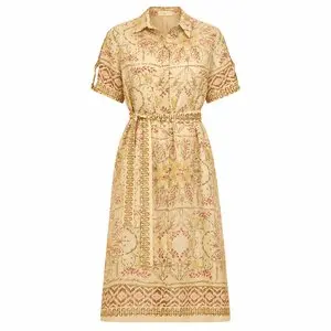 EXQUISE Gold / Yellow Abbey Short Sleeve Printed Midi Dress Multi Color - Gold/yellow