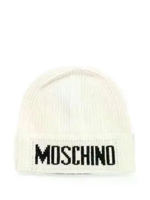 Moschino Logo-intarsia Ribbed-knit Beanie Hat - Neutrals