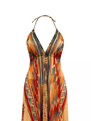 PAHIESA FORMENTERA Geometric Print Halterneck Maxi Dress